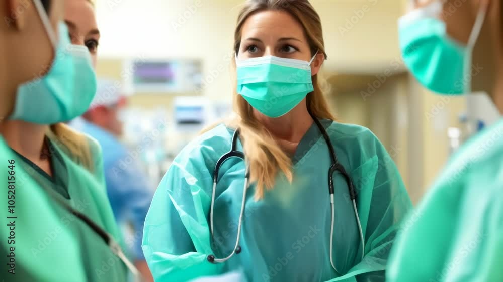 Doctors and nurses wearing surgical masks are meeting in a hospital ...