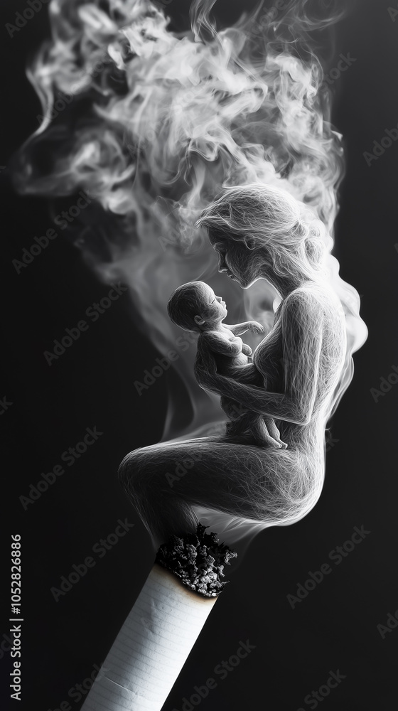 Cigarette smoke shapes mother holding baby over smoldering cigarette ...