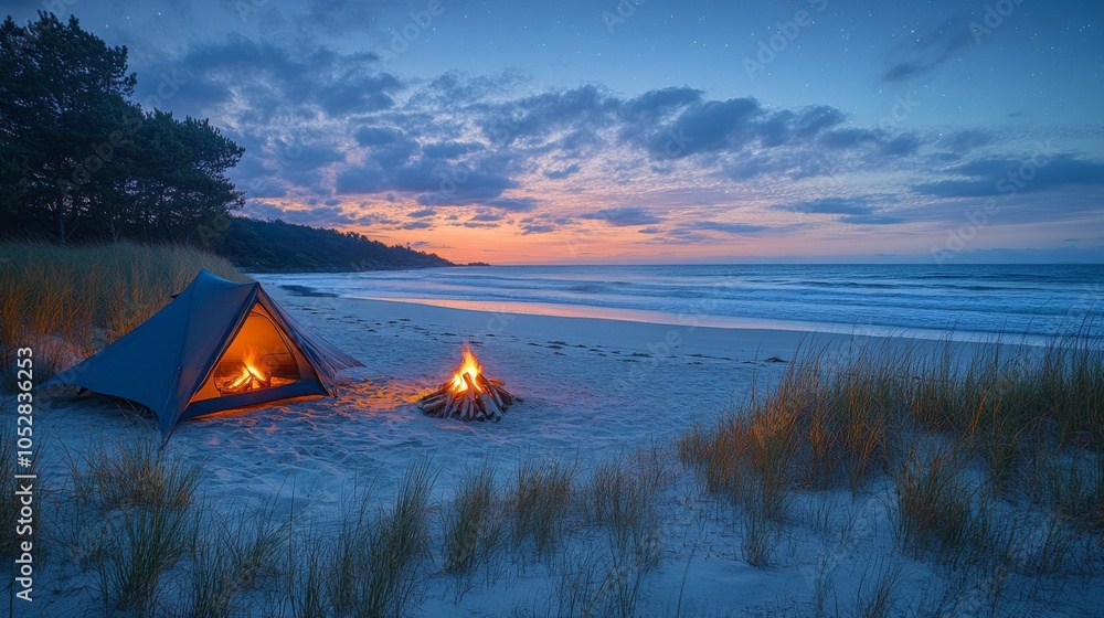 At dusk, a cozy campsite is set up on the beach, featuring a tent and a ...