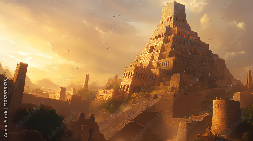 A biblical illustration of the tower of babel captures its towering ...