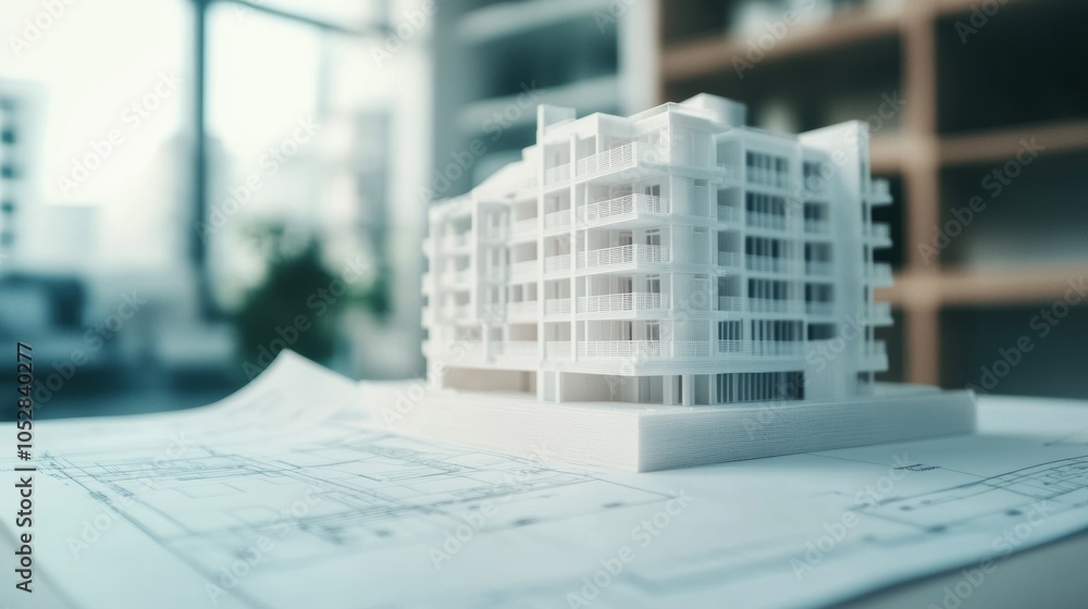 Detailed close-up of architectural designs and a scale model ...