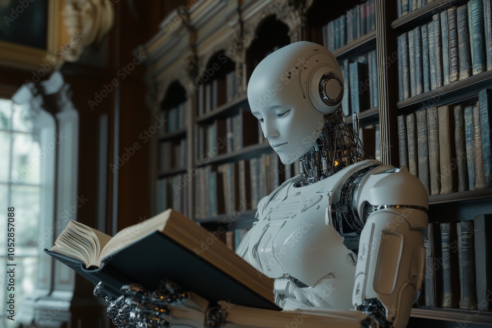 A humanoid robot intently reading a book in a traditionally designed ...