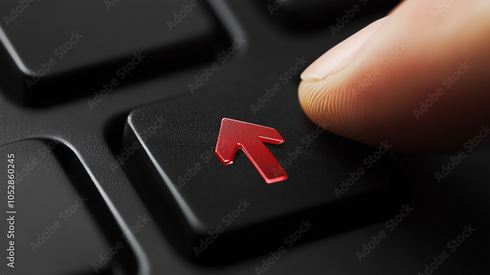 Finger pressing glowing Close up Macro Red Arrow key on a black ...