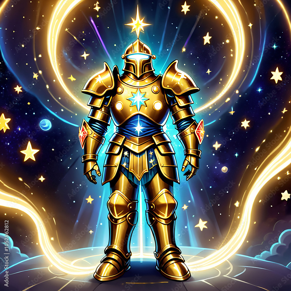 A golden knight stands tall in a night sky filled with stars. He wears ...