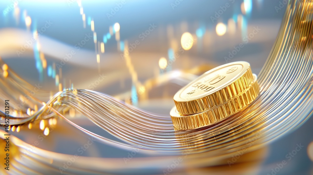 Abstract visual of gold bullion with a background of fluctuating lines ...