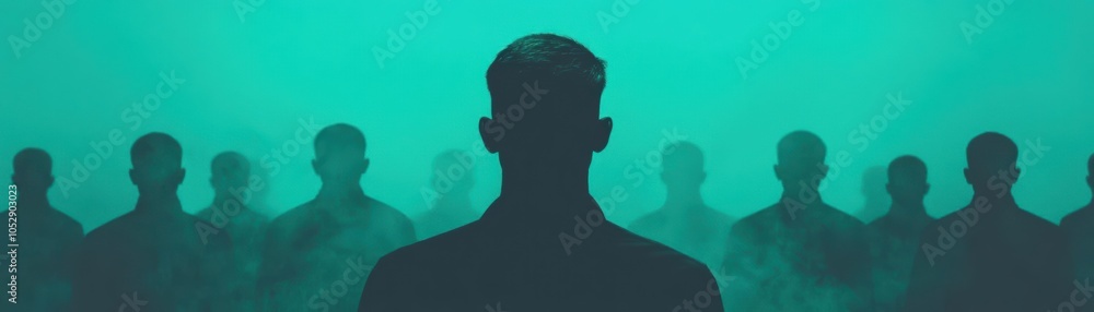 Dark abstract cityscape, shadowy figures representing societal pressure ...