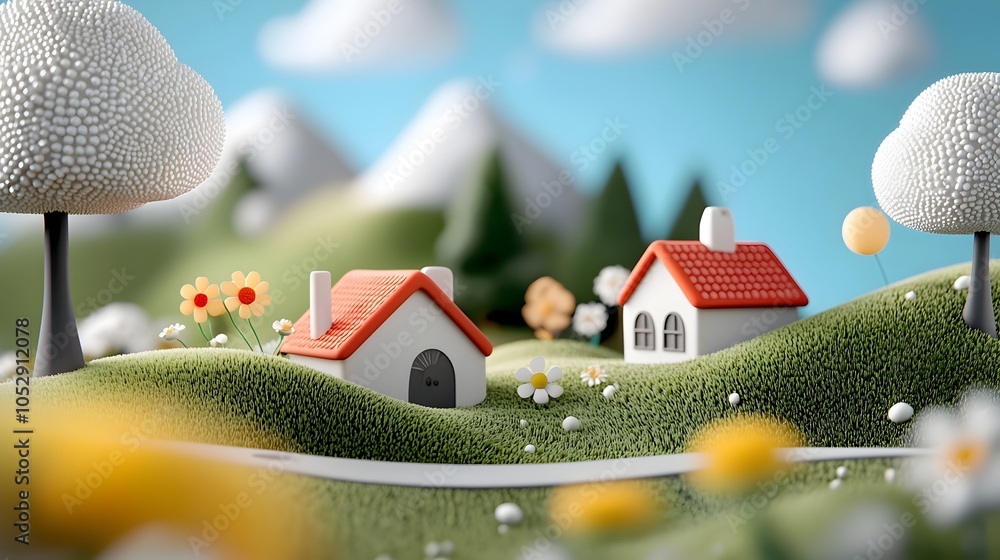 Whimsical 3D clay village with wobbly houses and playful characters ...