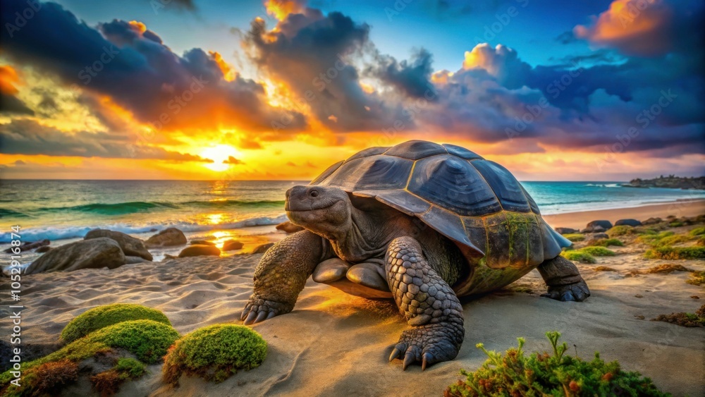Stunning image of a Gal?pagos Giant Tortoise at sunset along the ocean shore, portrayed in a ...
