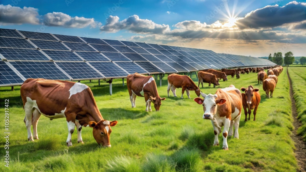 Cows grazing near a solar farm built on a former waste dump, cows ...