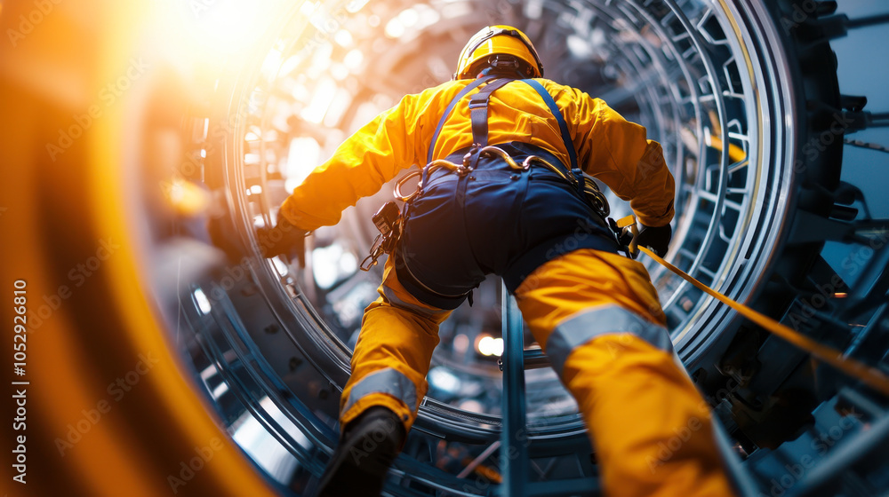 wind turbine technician is climbing inside turbine structure ...