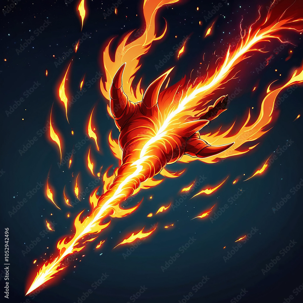 A fiery dragon claw spear weapon is depicted, engulfed in flames ...