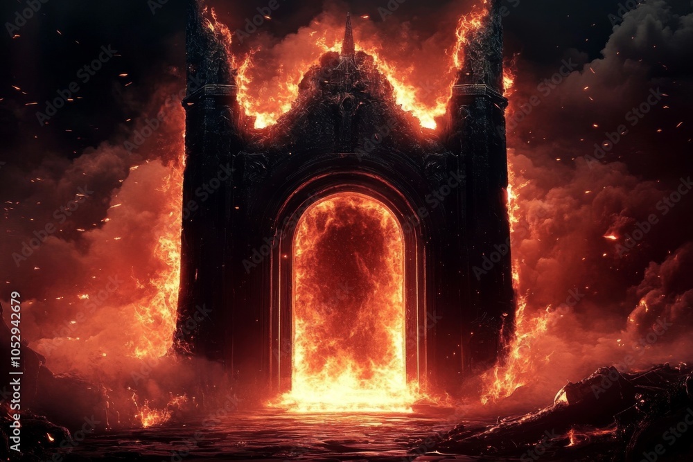 Vivid visualization of a sinful curse with hell gate imagery. Stock ...