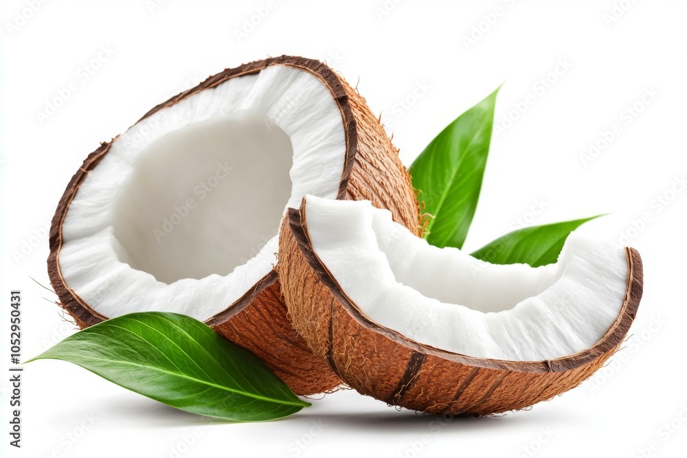 Coconut isolated. Coconut half with slice and piece on white background ...