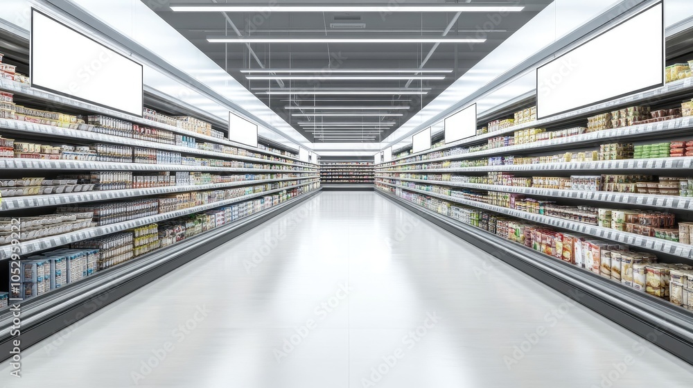 Modern Supermarket Aisle with Well-Stocked Shelves and Bright Lighting ...