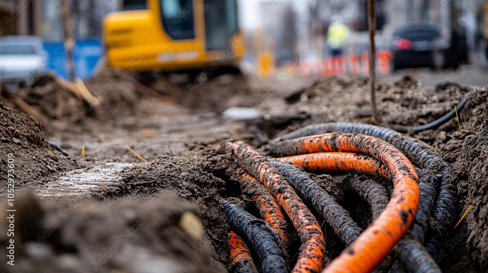 2410 25.A close-up view of electrical cables dug out from the ground at ...