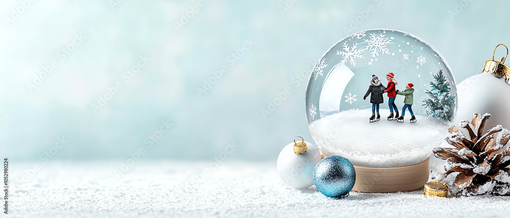 Charming snow globe with a delightful ice skating rink and family ...