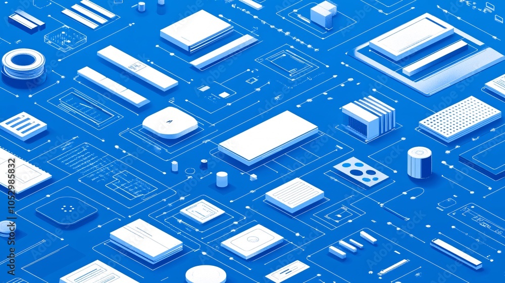 2410_007.vector isometric ui kit, bright blue backdrop with grid lines ...