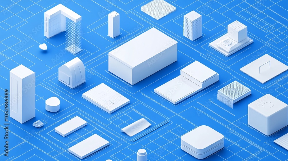2410_006.isometric ui ux design elements, blue grid background, white ...