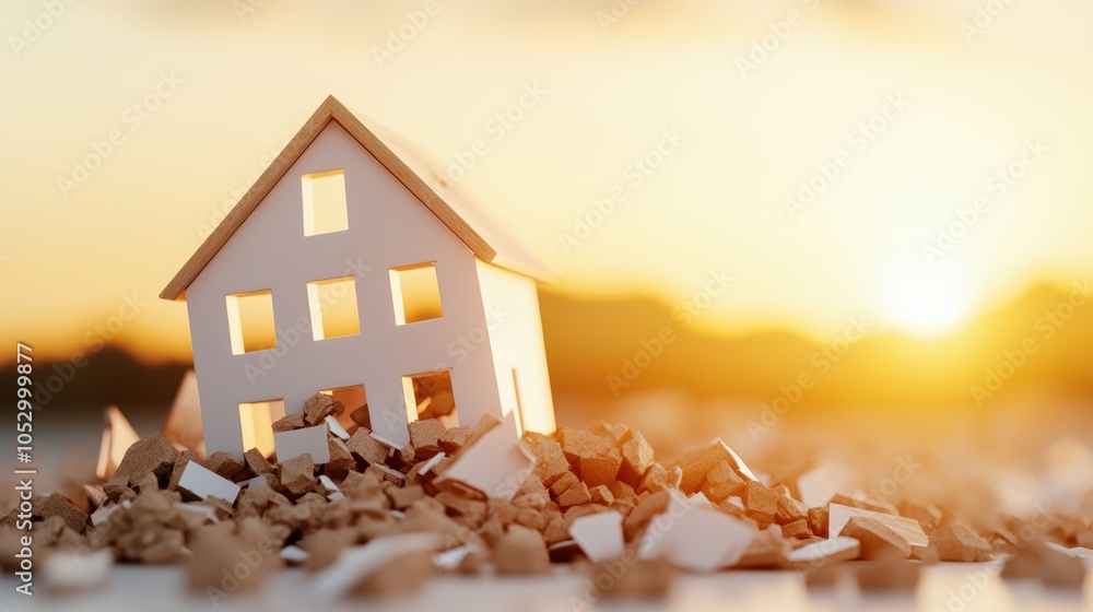 Miniature House Amid Earthquake Rubble at Sunset A small house model ...