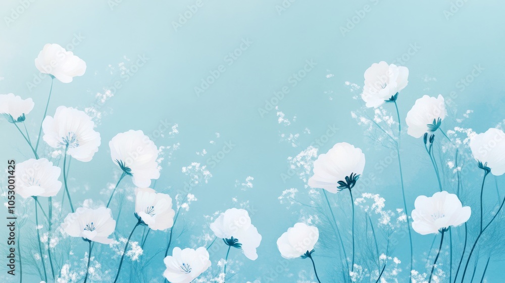 2410_003.luminous white blooms, wispy curling stems, teal to indigo ...