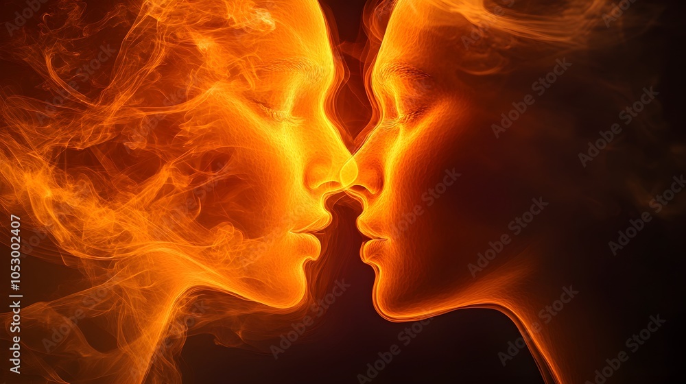 Fiery orange faces melting into one another, glowing with passion and ...