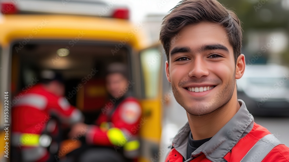 Smiling Paramedic in Red Uniform Near Ambulance. Smiling male paramedic ...