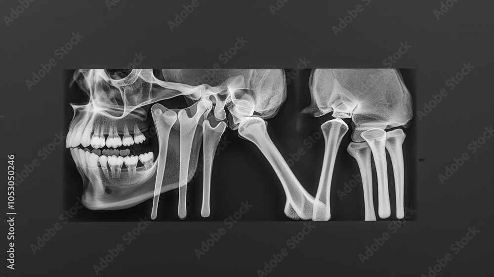 Close up X ray image showing impacted wisdom teeth alongside skeletal ...