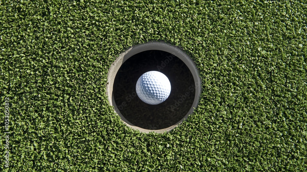 A close-up of a golf ball resting at the edge of a hole on a putting ...