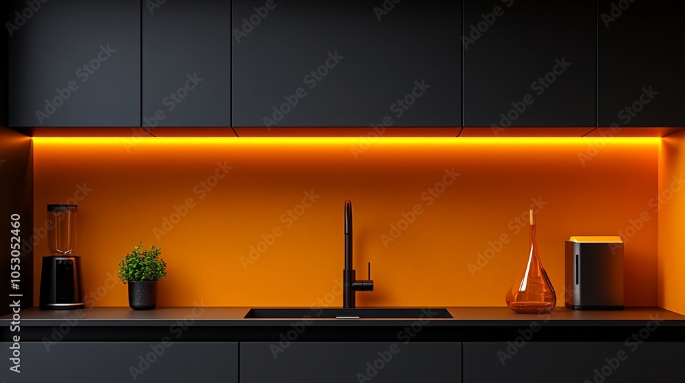 Modern Kitchen with Orange Backsplash: A sleek and minimalist kitchen ...