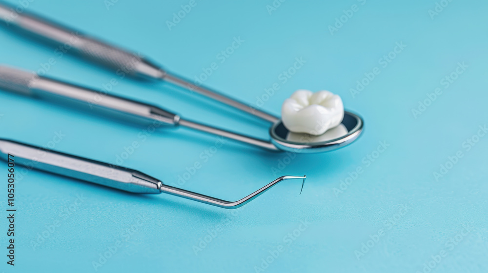 dental tool set featuring dental mirror, explorer, and dental crown on ...