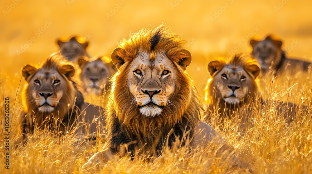 Majestic pride of lions lazing in golden savannah grass, vibrant manes ...