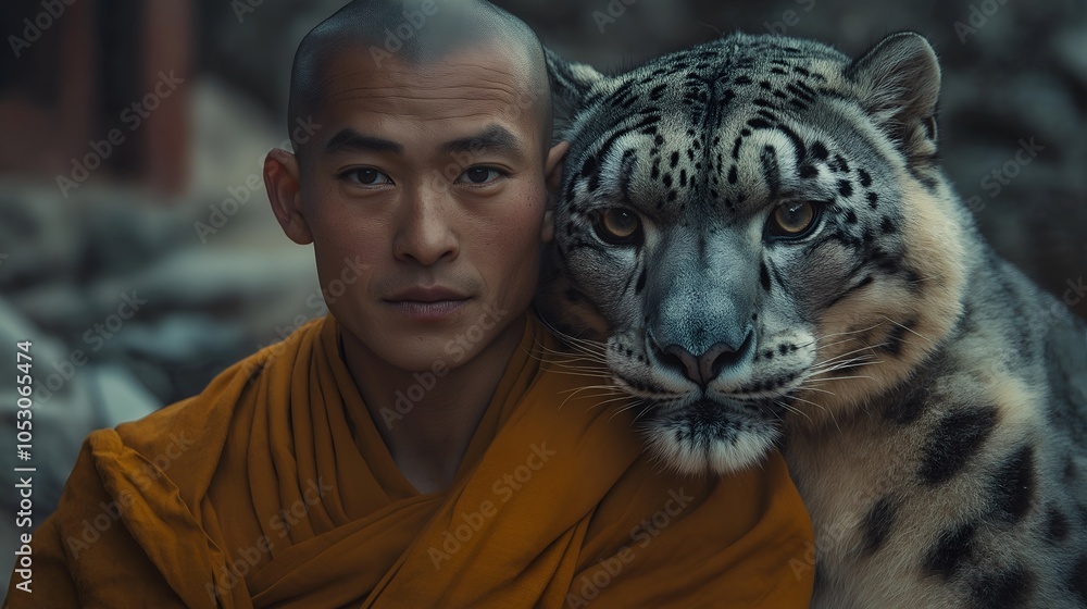 A Buddhist Monk with Shaved Head and Flowing Saffron Robes with a ...