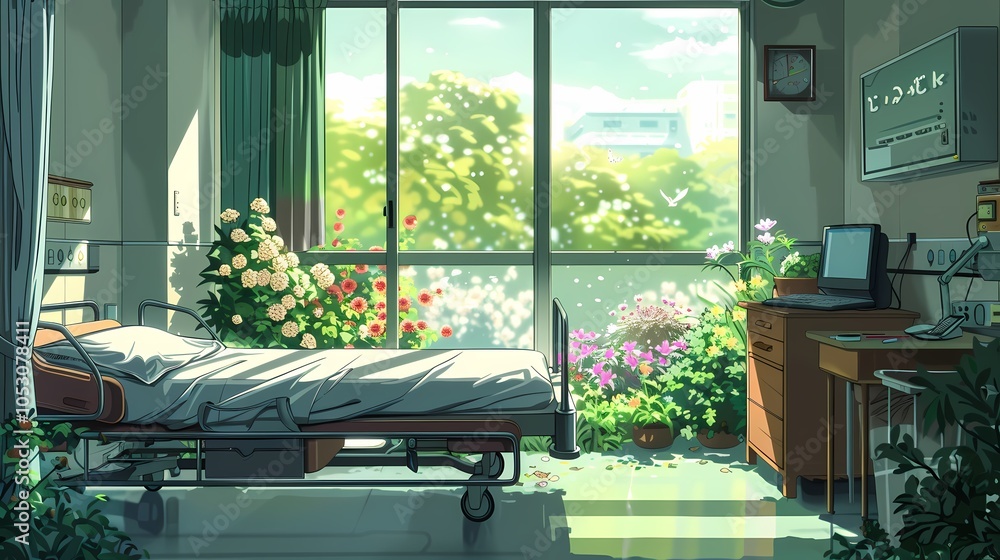 Anime-style hospital room scene, bright and serene, with a large window ...