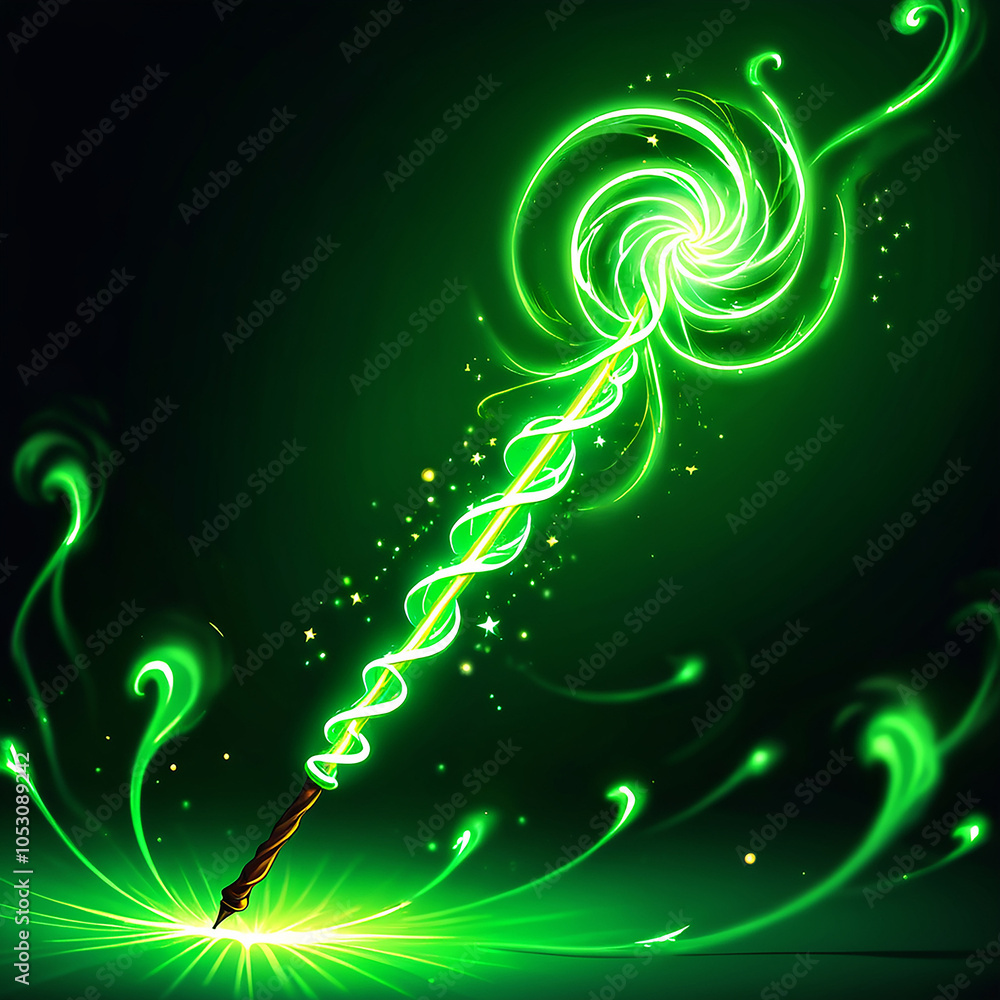 A glowing green magic wand with swirling energy at the top, surrounded ...