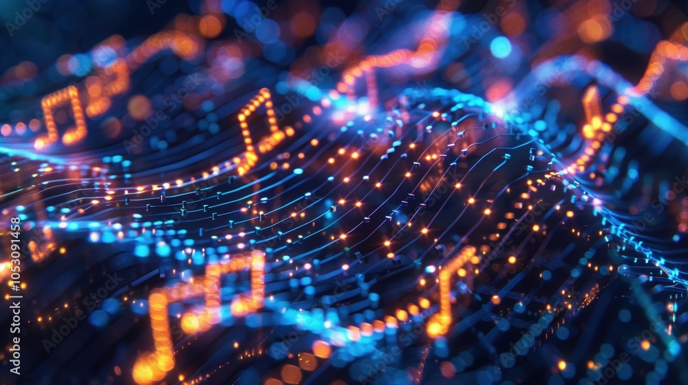 closeupA dynamic wireframe mesh composition of musical notes and sound ...