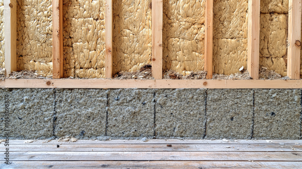 cross section of wall reveals insulation layers, showcasing wooden ...