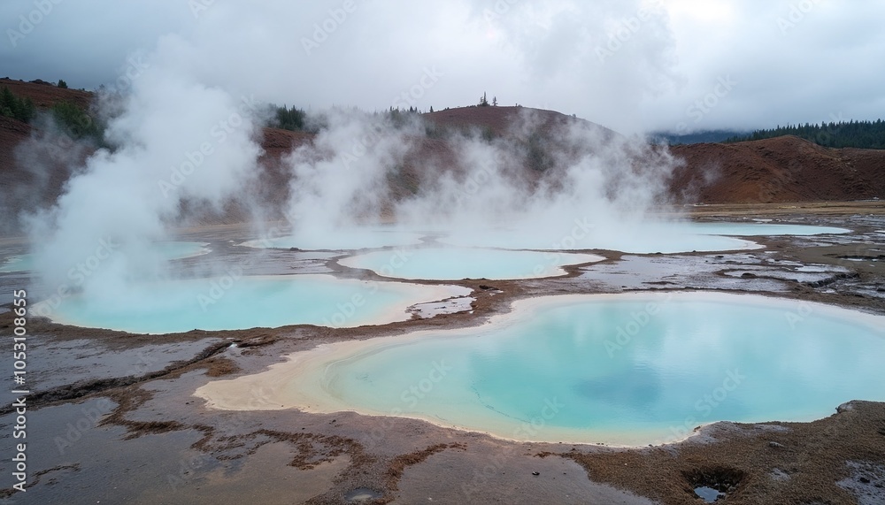 Geothermal pools with steam clouds: Series of interconnected pools with ...