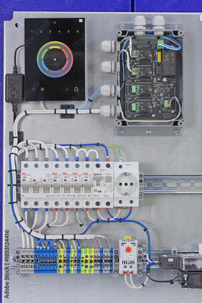 A lighting control module using the DMX protocol. It is installed in an ...