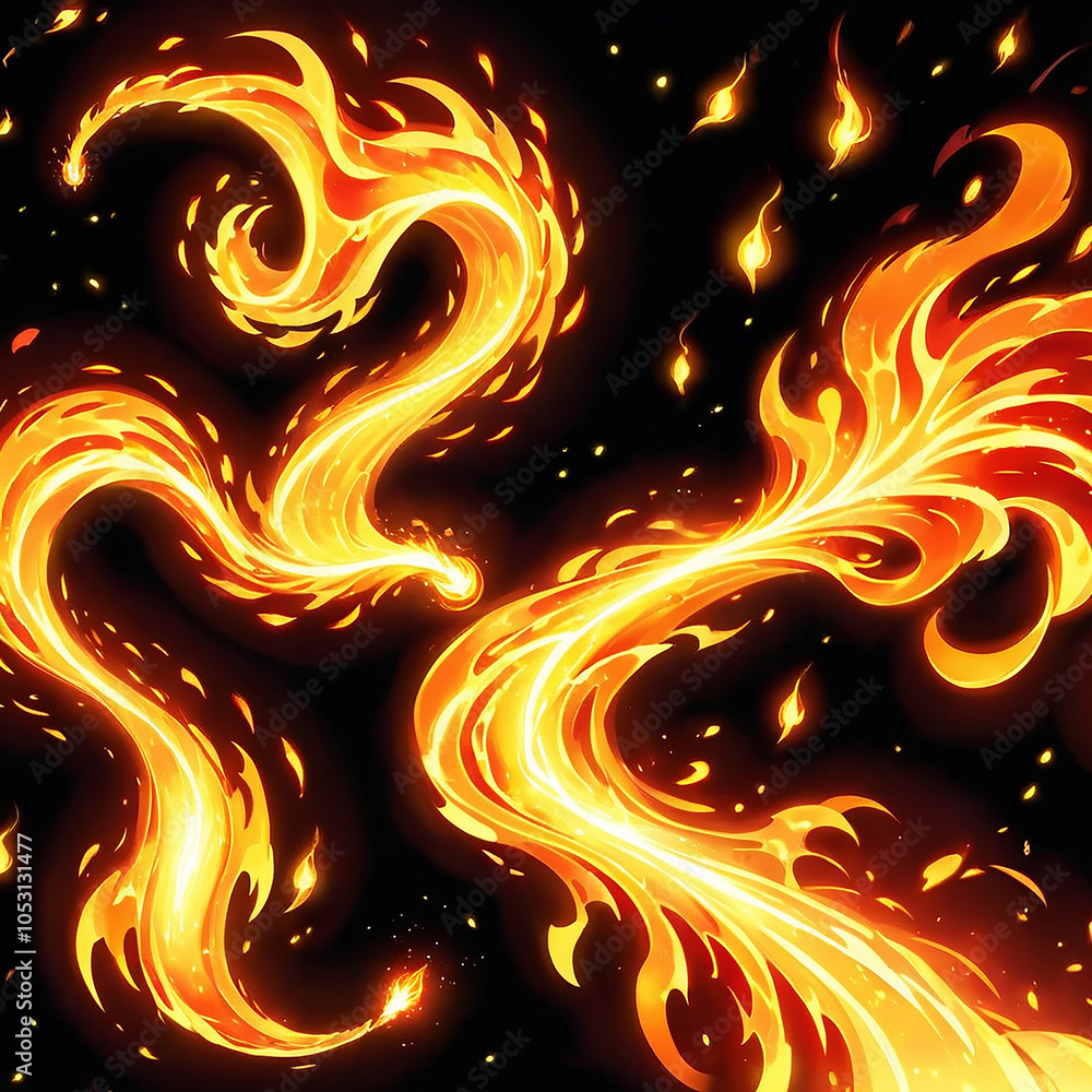 Two dynamic swirls of fire, with one trailing upwards and another ...