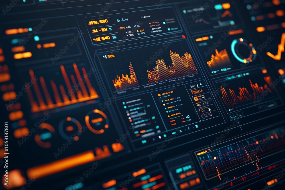 Detailed view of a futuristic data dashboard displaying vibrant graphs and analytics for data ...