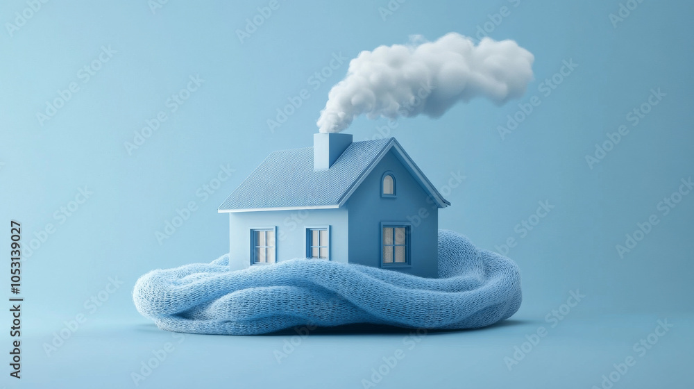 Heating system illustration concept image with a cold blue house ...