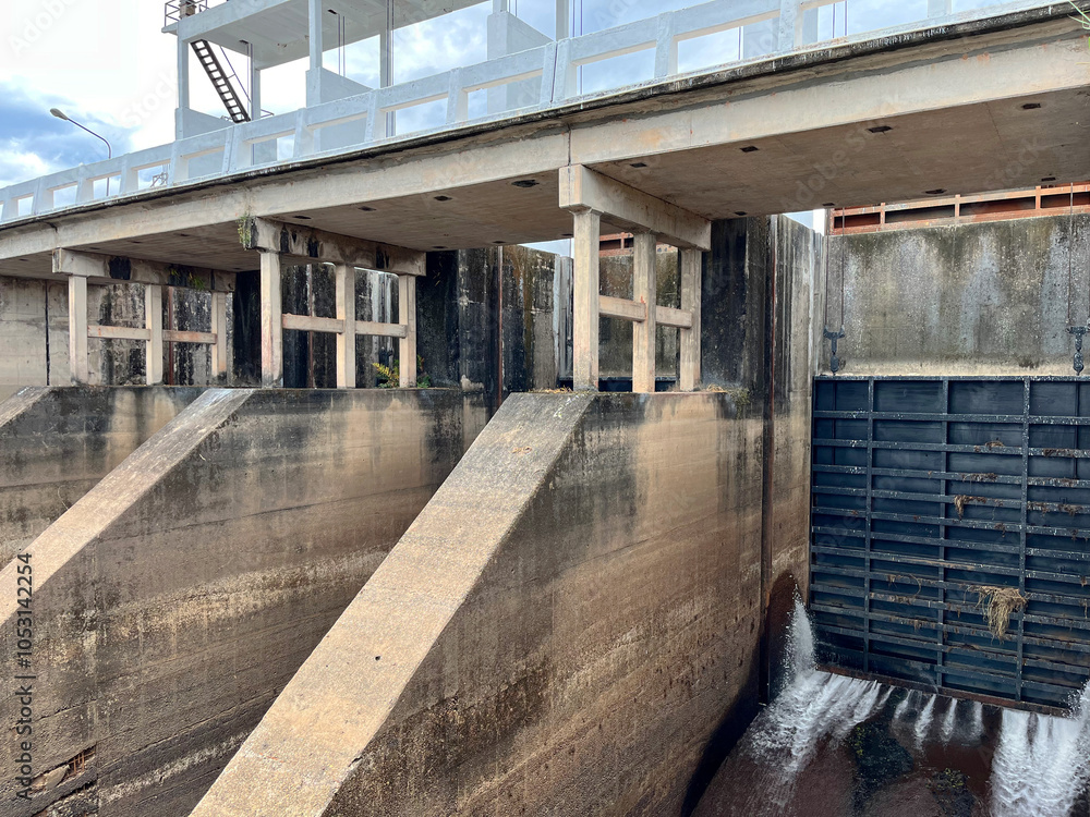 spillway gate of a concrete dam. This industrial structure channels ...