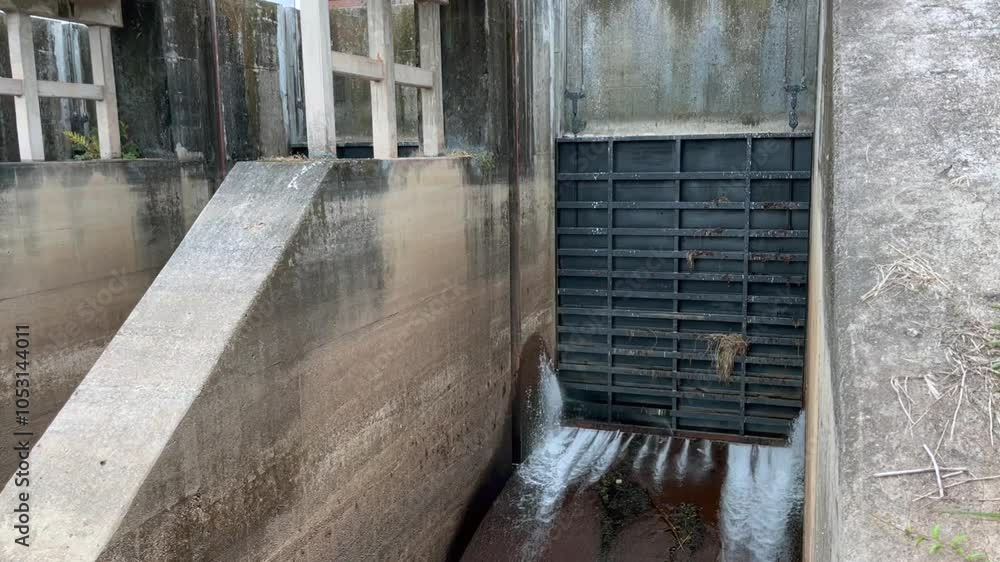 spillway gate of a concrete dam. This industrial structure channels ...