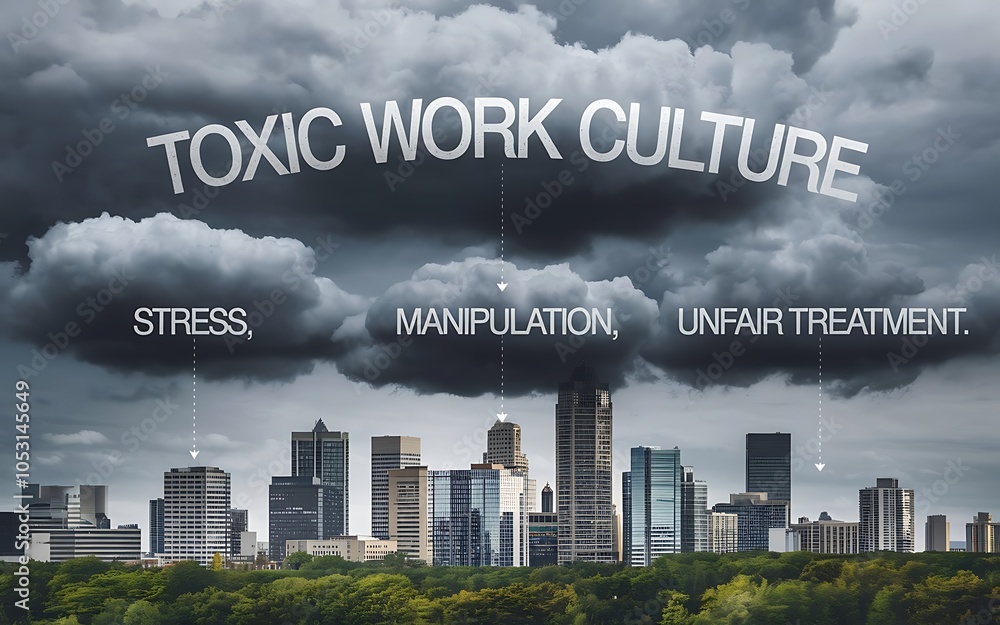 Toxic Work Culture: A stormy cityscape with dark clouds symbolizing the ...