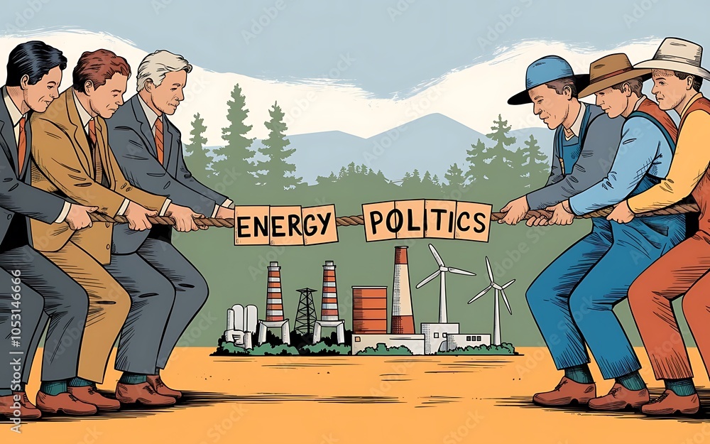 Energy Politics Tug-of-War: A powerful illustration depicting two ...
