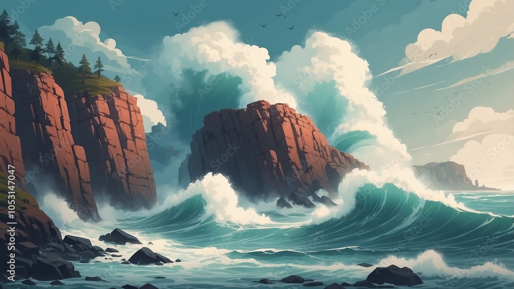 Windstorm on Rocky Coastal Cliffside with Crashing Waves Stock ...