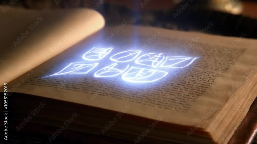 A dusty, ancient spellbook opening by itself with glowing runes ...