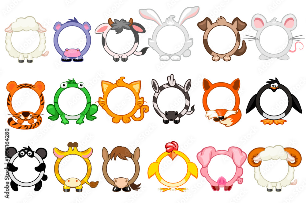 Set of round animal like frames. Cartoon avatar for UI games. Empty ...