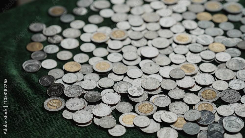 collection of various coins scattered on green surface, showcasing ...