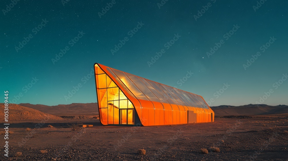 A modern military industrial hangar tent with a striking orange ...